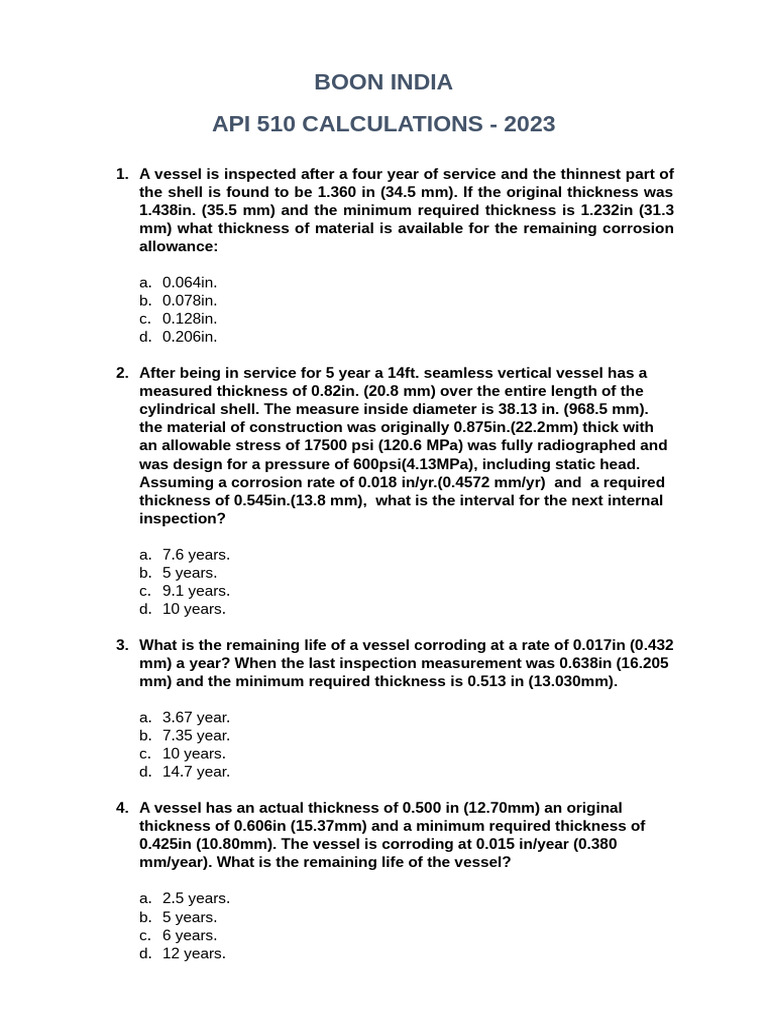 API 510 Exam Prep Questions | PDF | Pressure | Materials