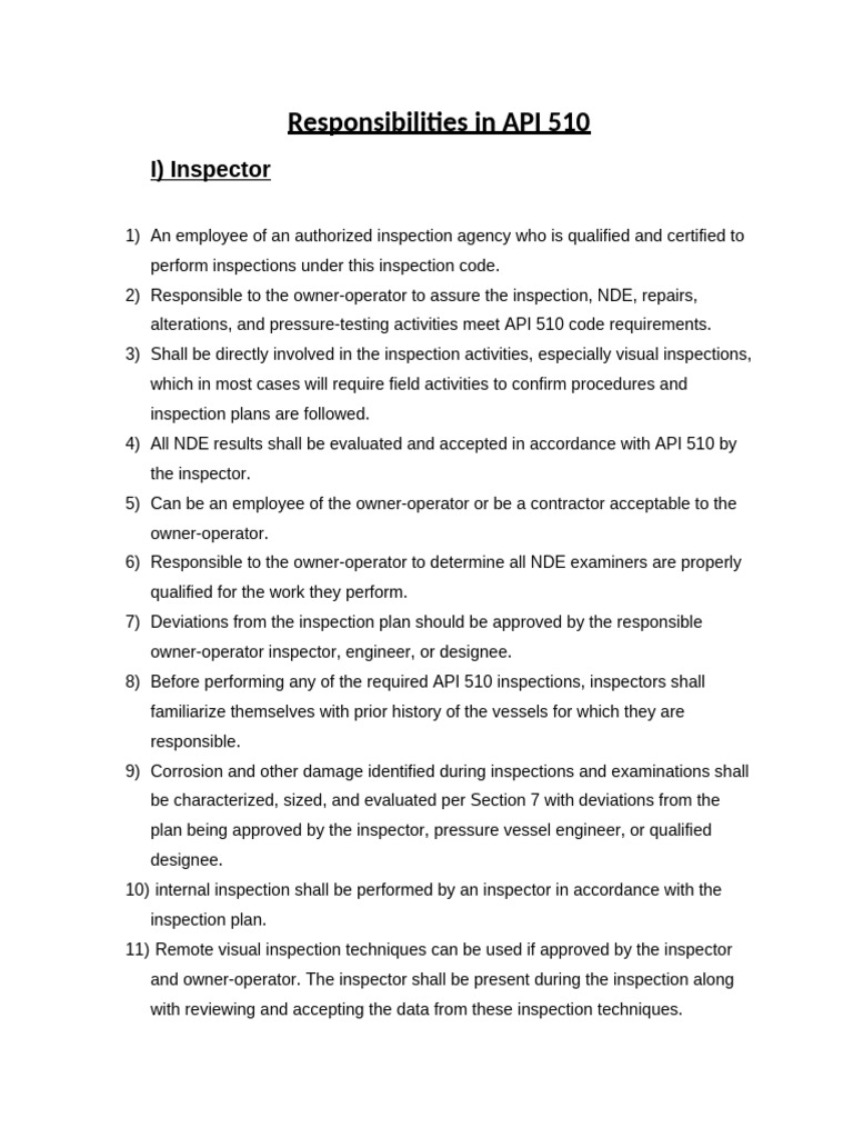 API 510 Inspector Responsibilities Overview | PDF | Nondestructive ...