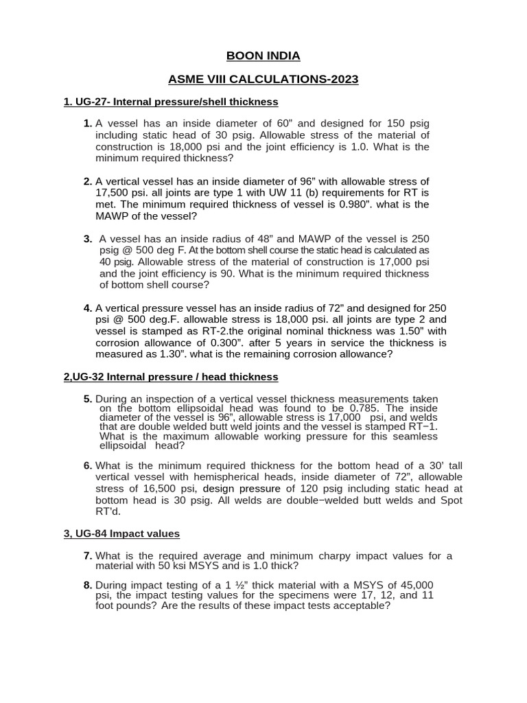 Asme Viii Calculations Sep-2023 Without Answer | PDF | Pressure | Applied And Interdisciplinary ...