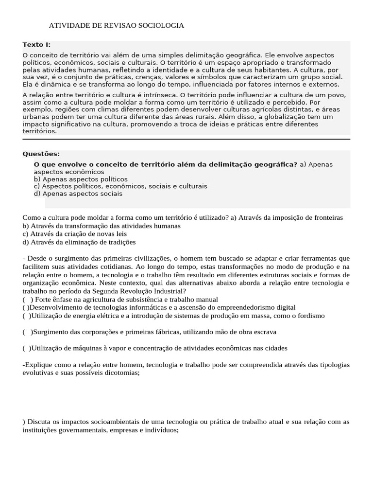 Atividade de Revisao Sociologia-1 | PDF | Economia | Sociologia