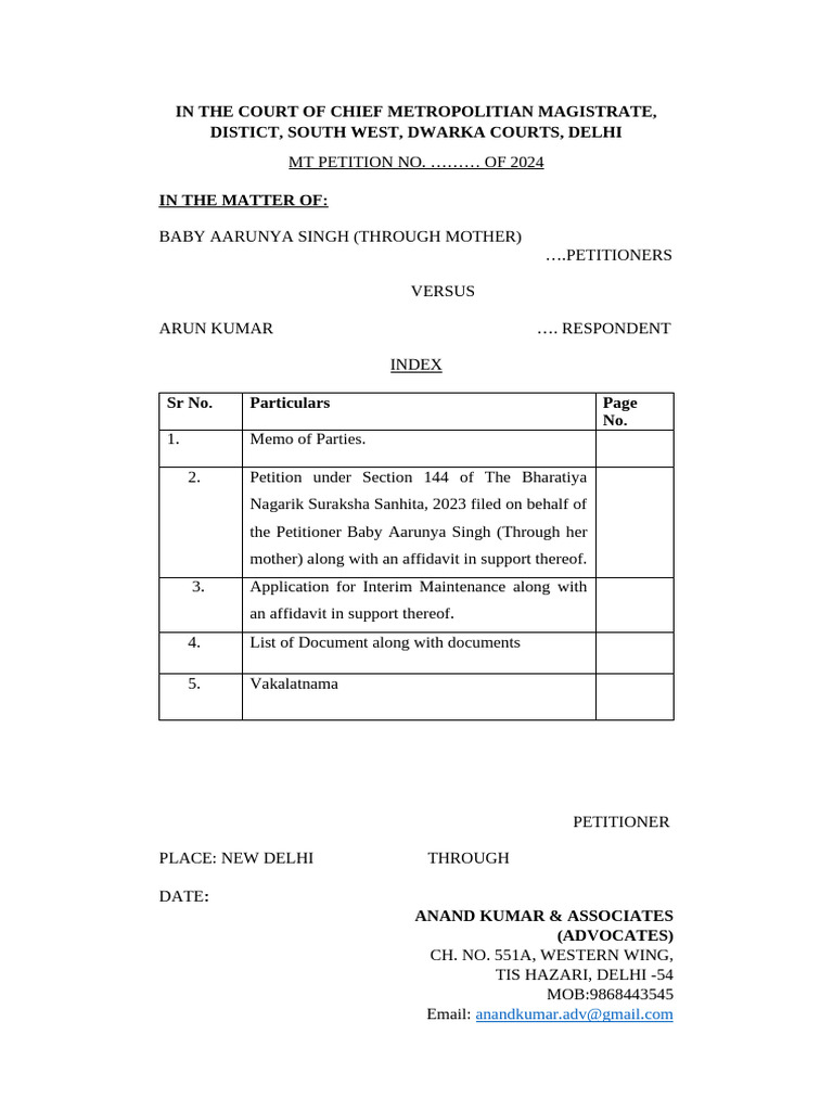 Maintenance Petition for Baby Aarunya Singh | PDF | Family | Affidavit