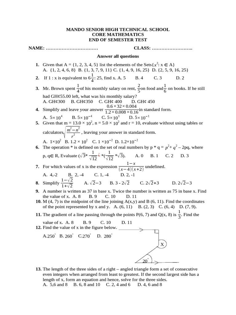 Core Mathematics Class Test | PDF | Triangle | Mathematical Objects