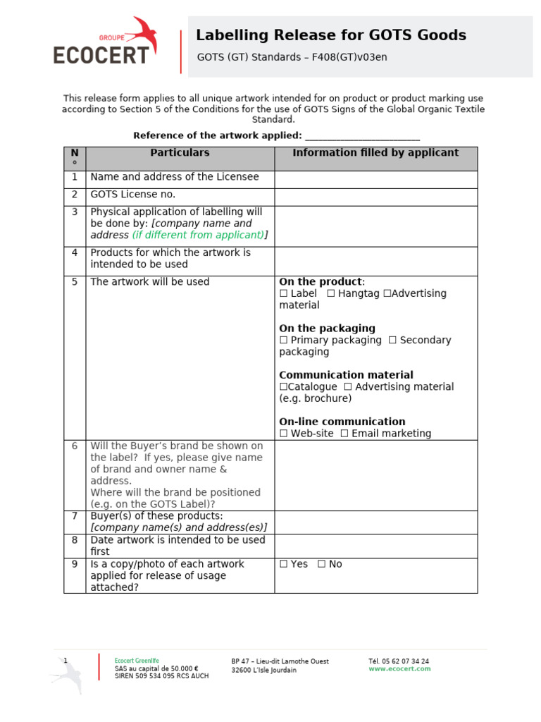 GOTS - F408 (GT) V03en - Labelling Release For GOTS Goods | PDF
