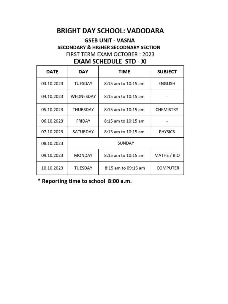 11th First Term Exam Schedule | PDF