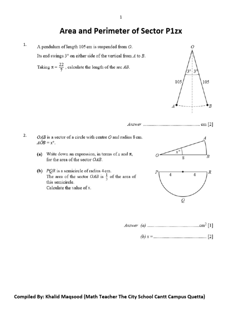 Area and Perimeter of Sector P1/worksheet | PDF