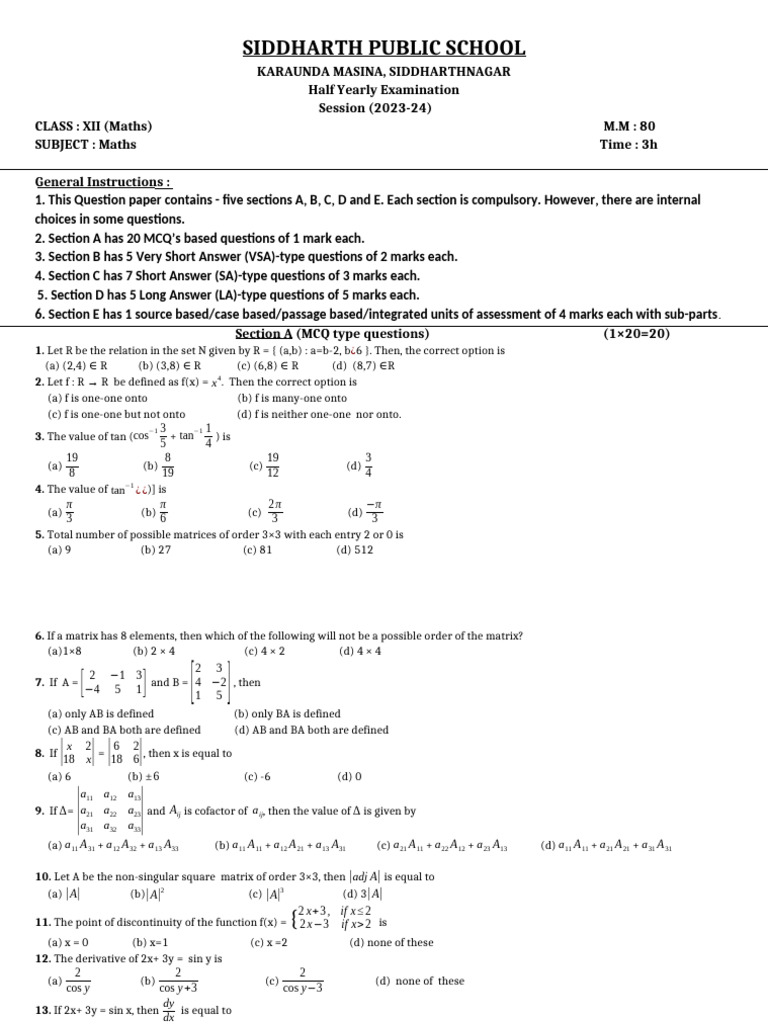 Half Yearly Class 12TH SPS | PDF | Sphere | Algebra