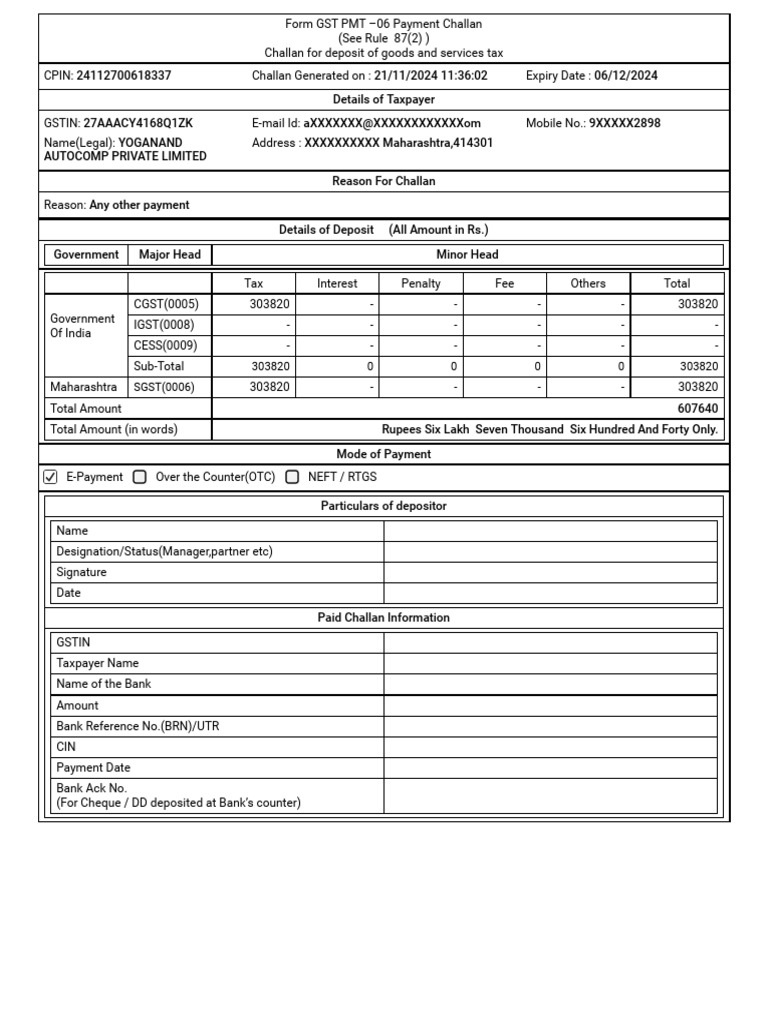 GST PMT-06 Payment Challan Details | PDF | Payments | Economy Of India