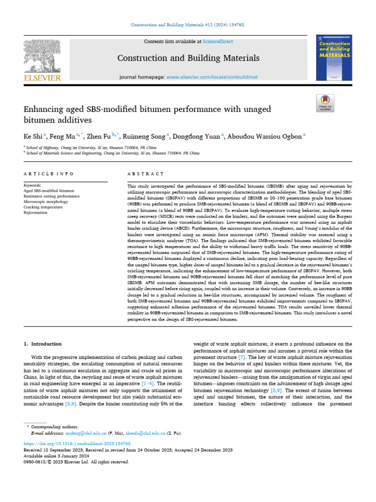 Construction and Building Materials: Ke Shi, Feng Ma, Zhen Fu, Ruimeng ...