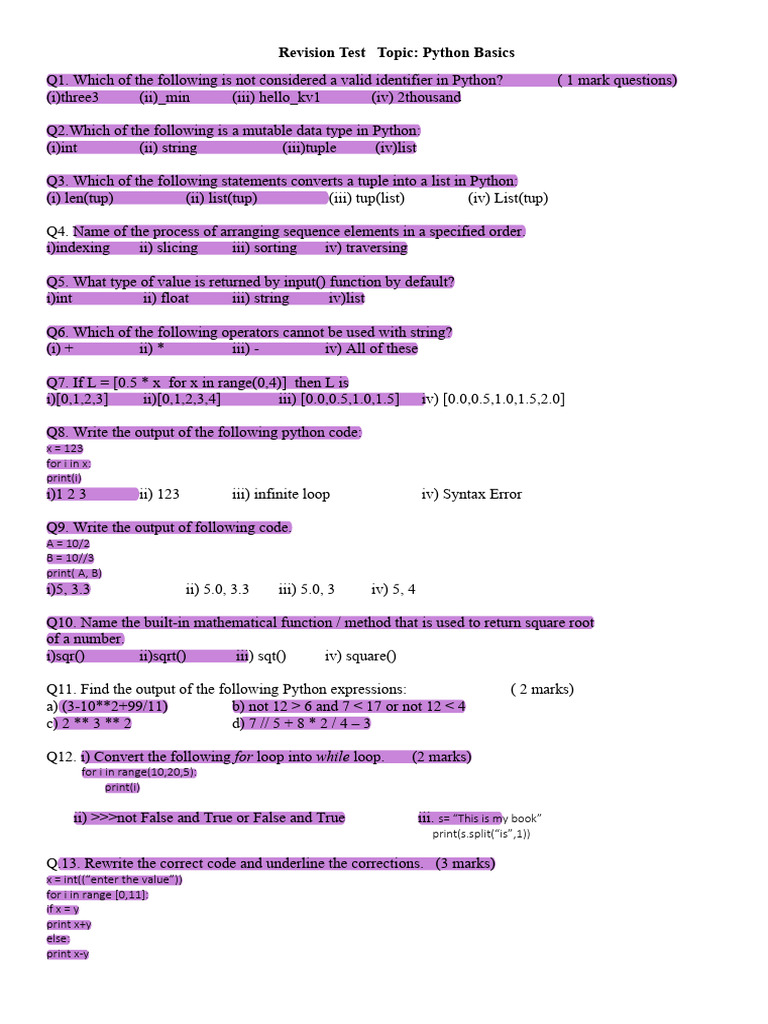 Python Basics Revision Test Questions | PDF