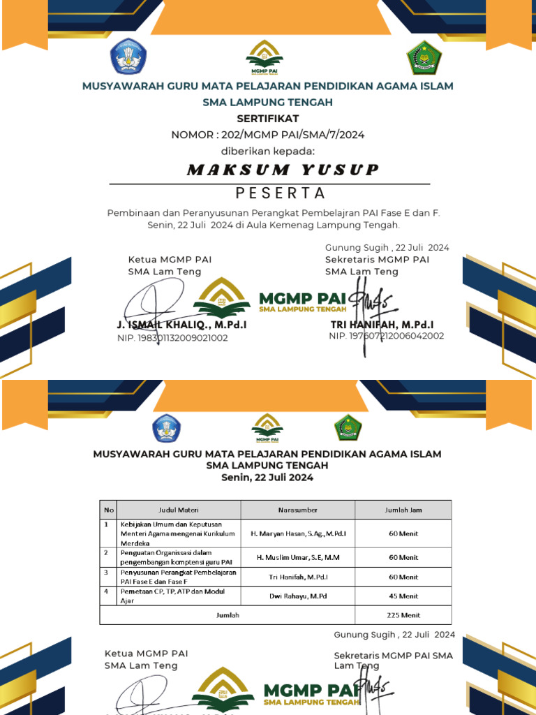 Sertifikat MGMP PAI 2024 Lampung Tengah | PDF