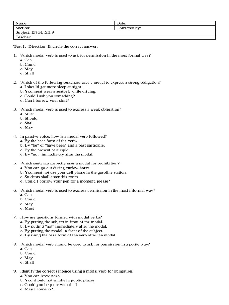 modals-quiz | PDF | Verb | Subject (Grammar)