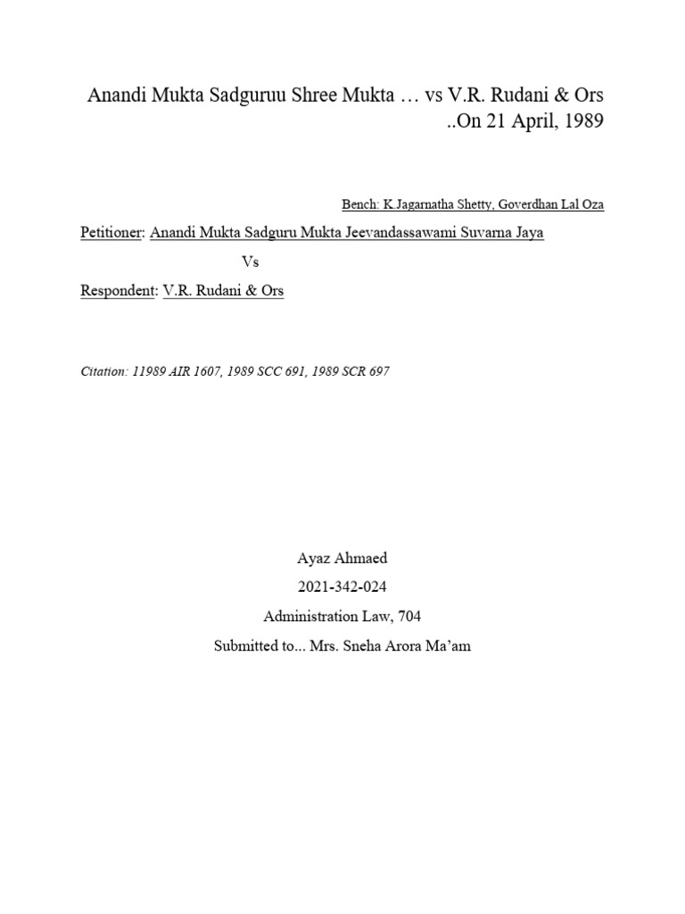 Case Analysis Anandi Mukta Sadguru 1979.. Law Assignment | PDF | Mandamus | Justice