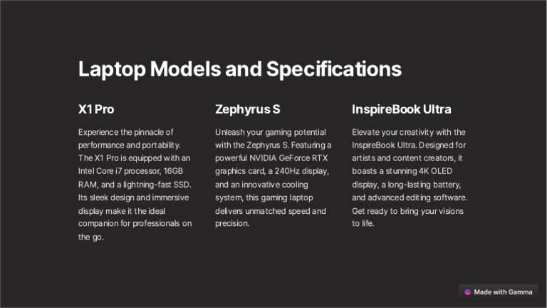 Laptop Models and Specifications: X1 Pro Zephyrus S Inspirebook Ultra | PDF