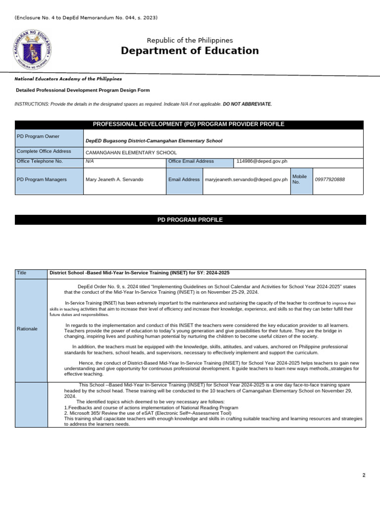 CAMANGAHAN-ES-PD-MID-YEAR-SCHOOL-BASED-INSET | PDF | Teachers | Learning