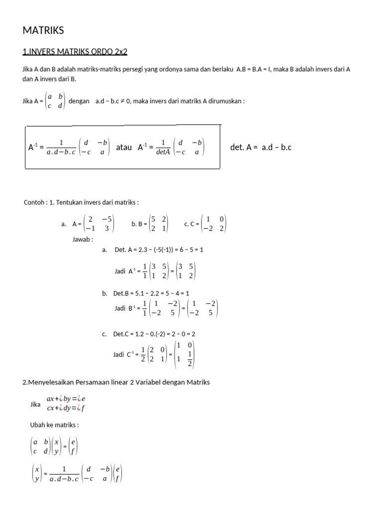 Invers Matriks Ordo 2x2 dan Contoh | PDF