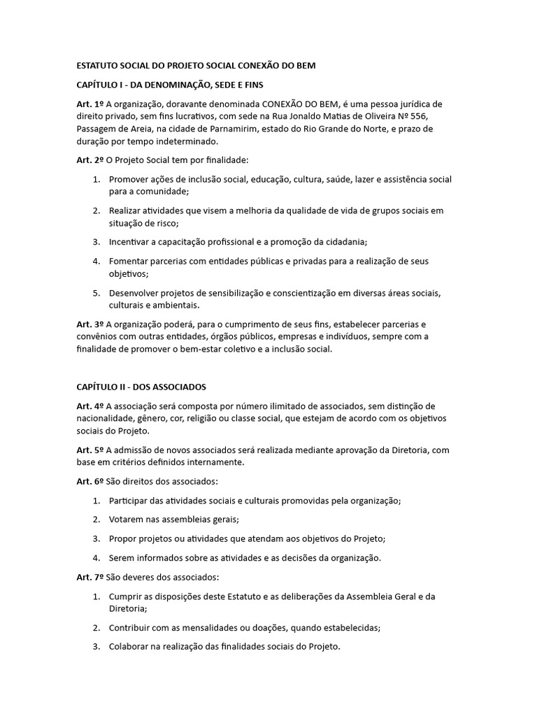 Estatuto Social Do Projeto Social Conexão Do Bem | PDF