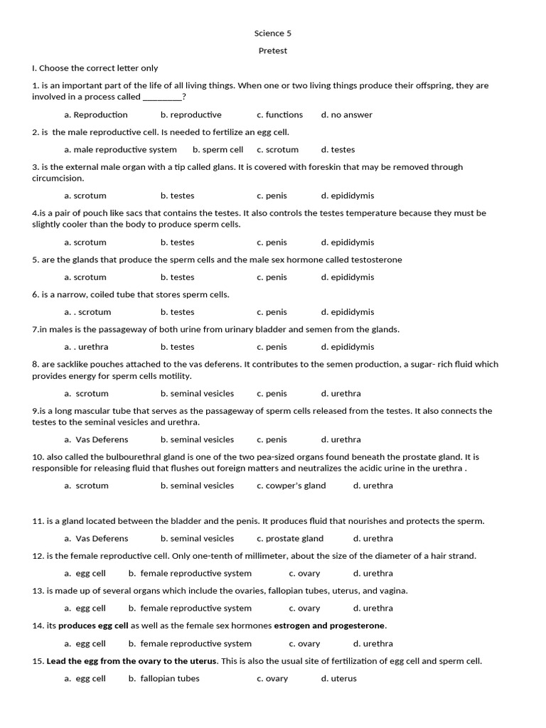 Science 5 q2 Test 1 and 2 | PDF | Menstrual Cycle | Sexual Reproduction