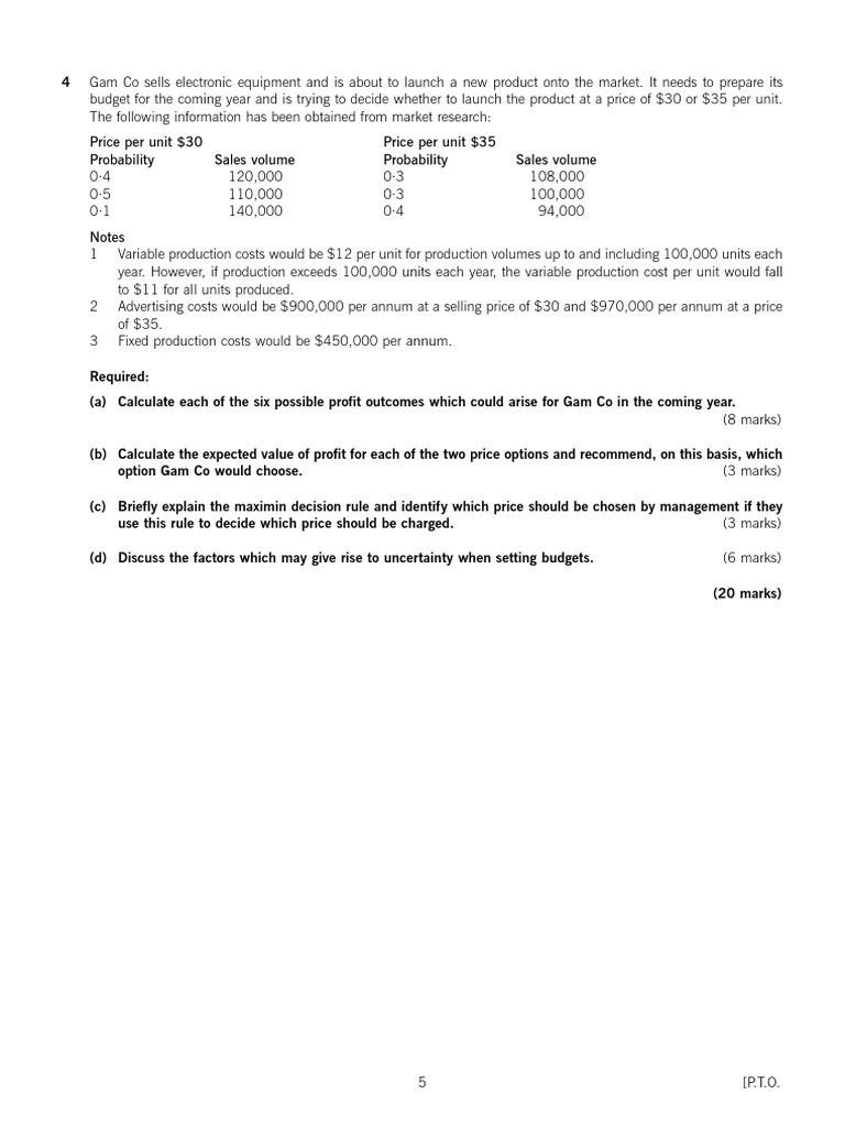 Price Per Unit $30 Price Per Unit $35 Probability Sales Volume ...