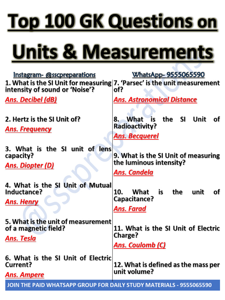 Top 100 GK Questions On Units & Measurements | PDF | International ...