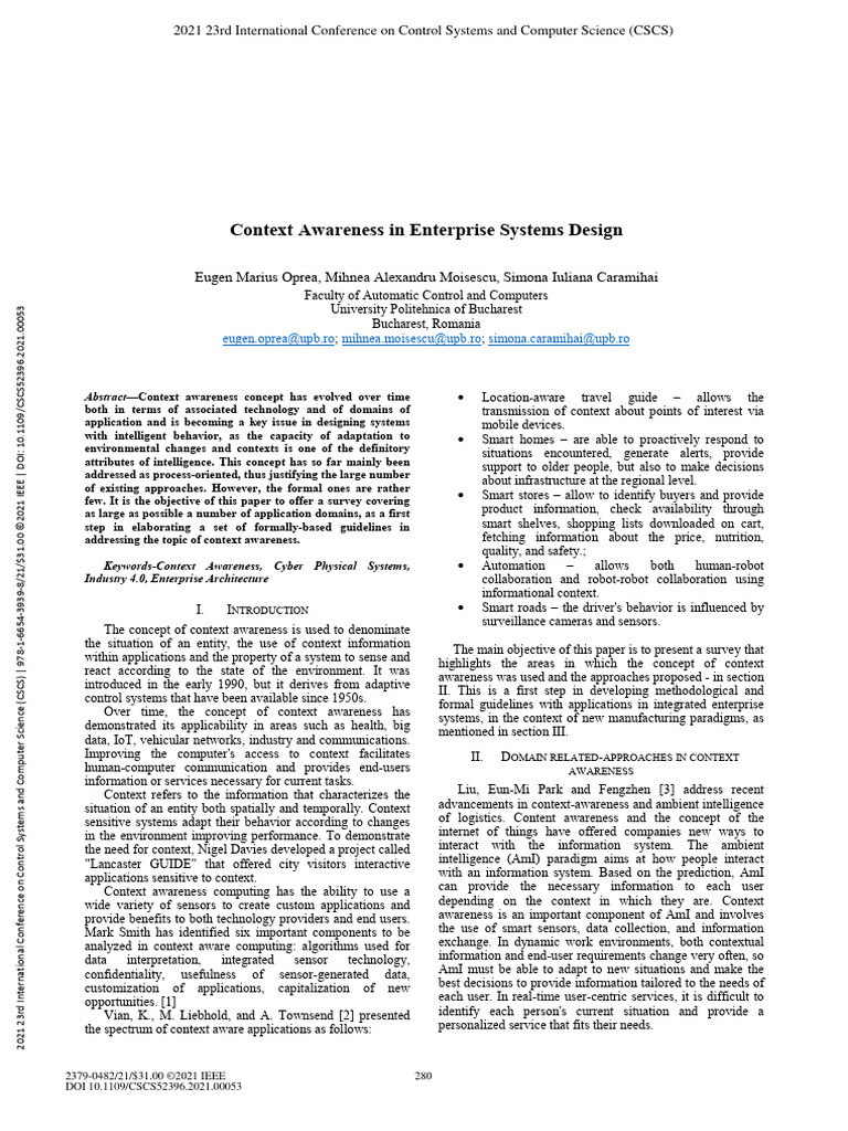 Context Awareness In Enterprise Systems Design Pdf Internet Of