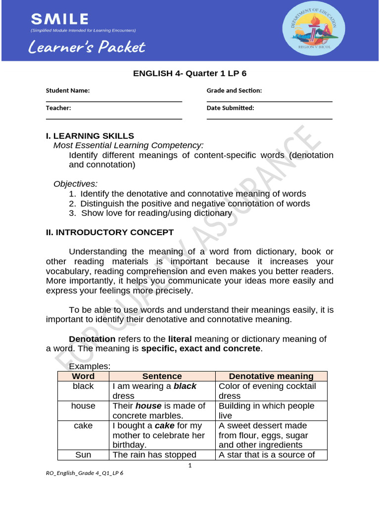 Edited SMILE Packet English4 Q1 LP 6 | PDF