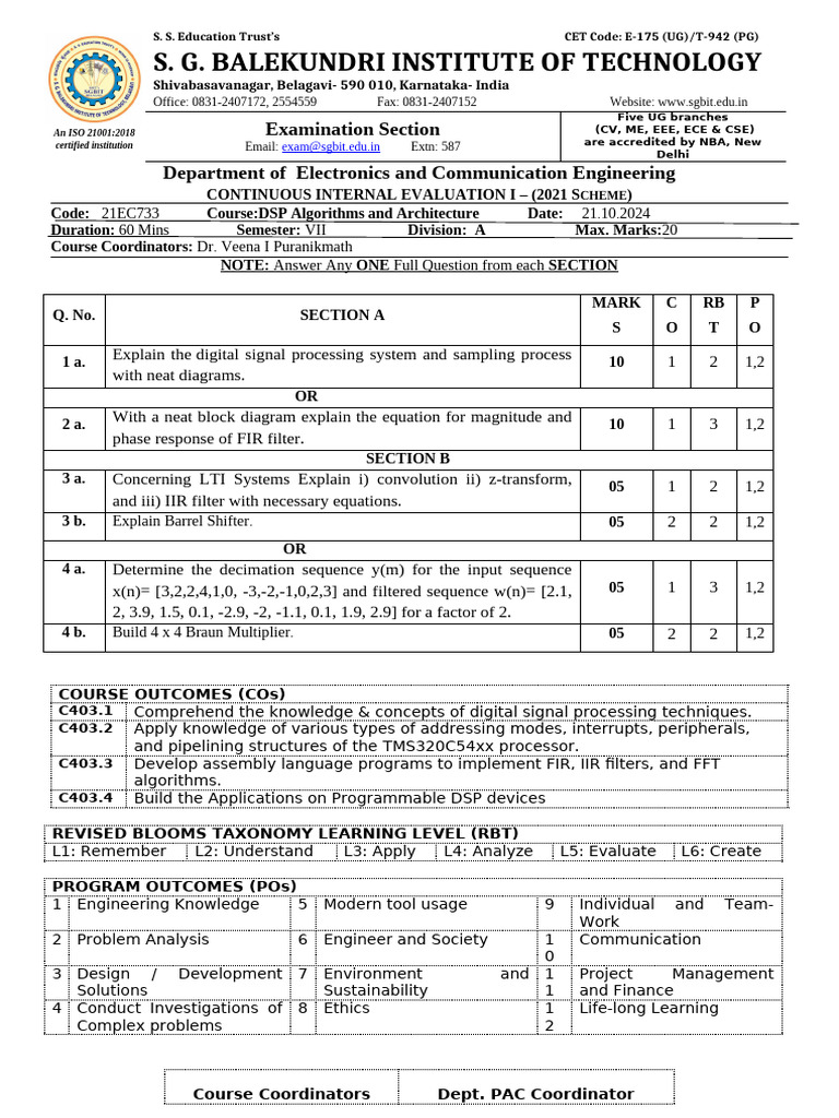 2021 Scheme CIE I Question Paper | PDF | Digital Signal Processing ...
