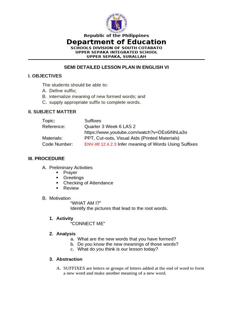 Lesson Plan in English | PDF | Lesson Plan | Learning