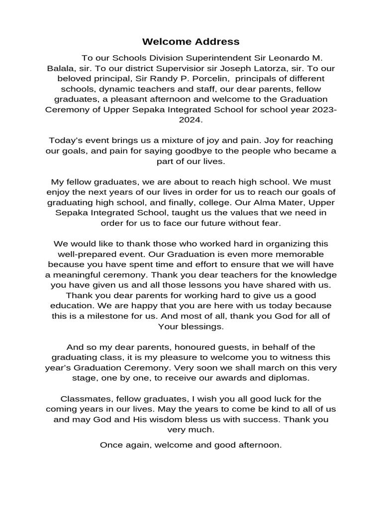 Welcome Address For Graduation | PDF