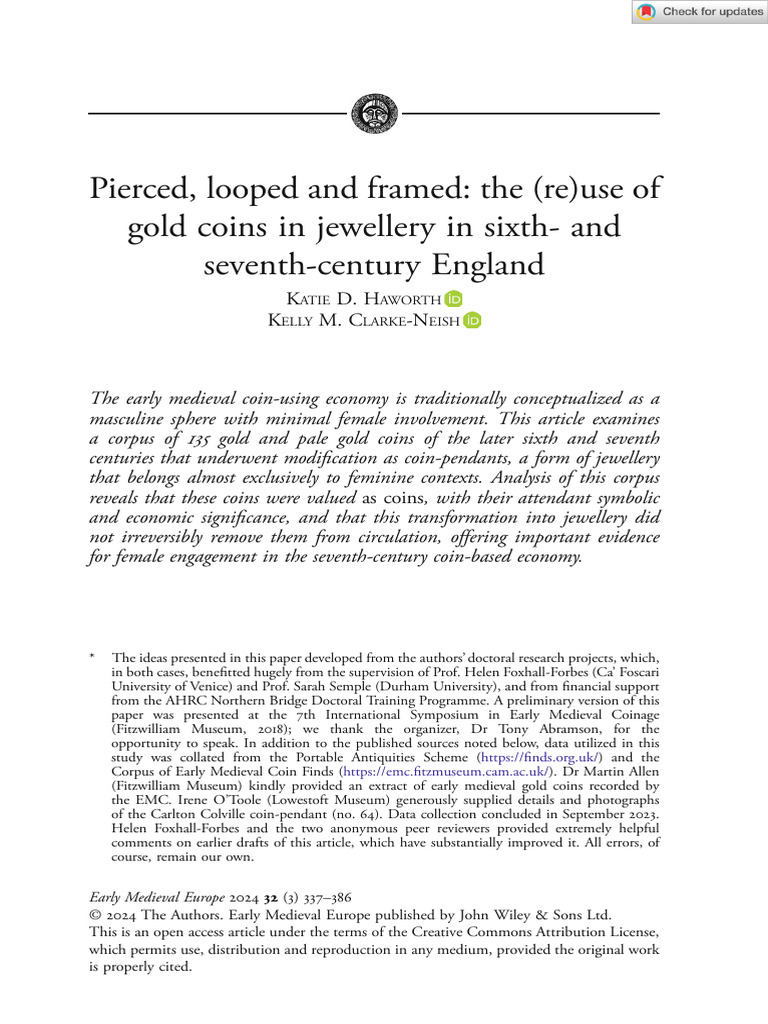 Early Medieval Europe - 2024 - Haworth - Pierced Looped and Framed The Re Use of Gold Coins in ...