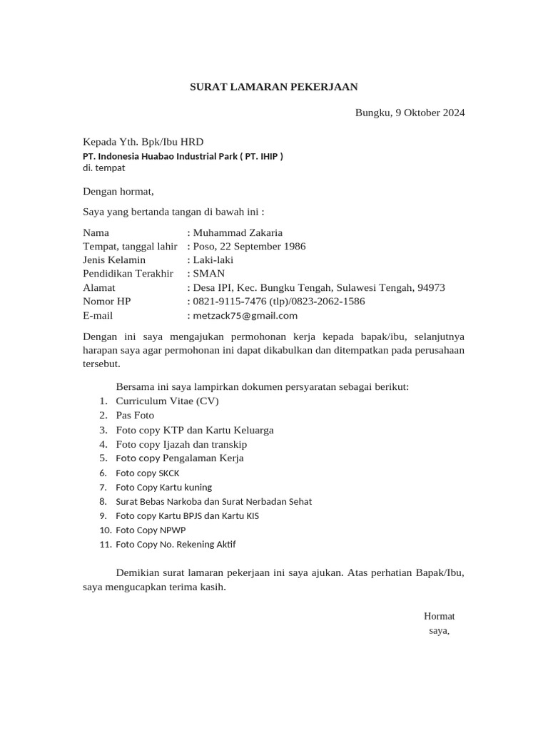 Surat Lamaran Kerja Muhammad Zakaria | PDF