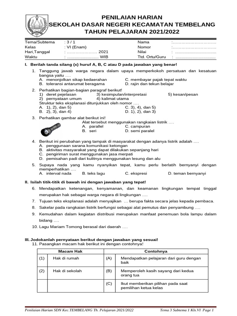 Soal PH Tema 3 Subtema 1 Kelas 6 | PDF