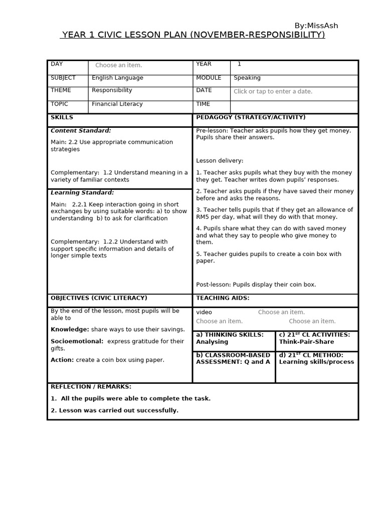 Y1 Civic-November-Responsibility | PDF | Teachers | Lesson Plan