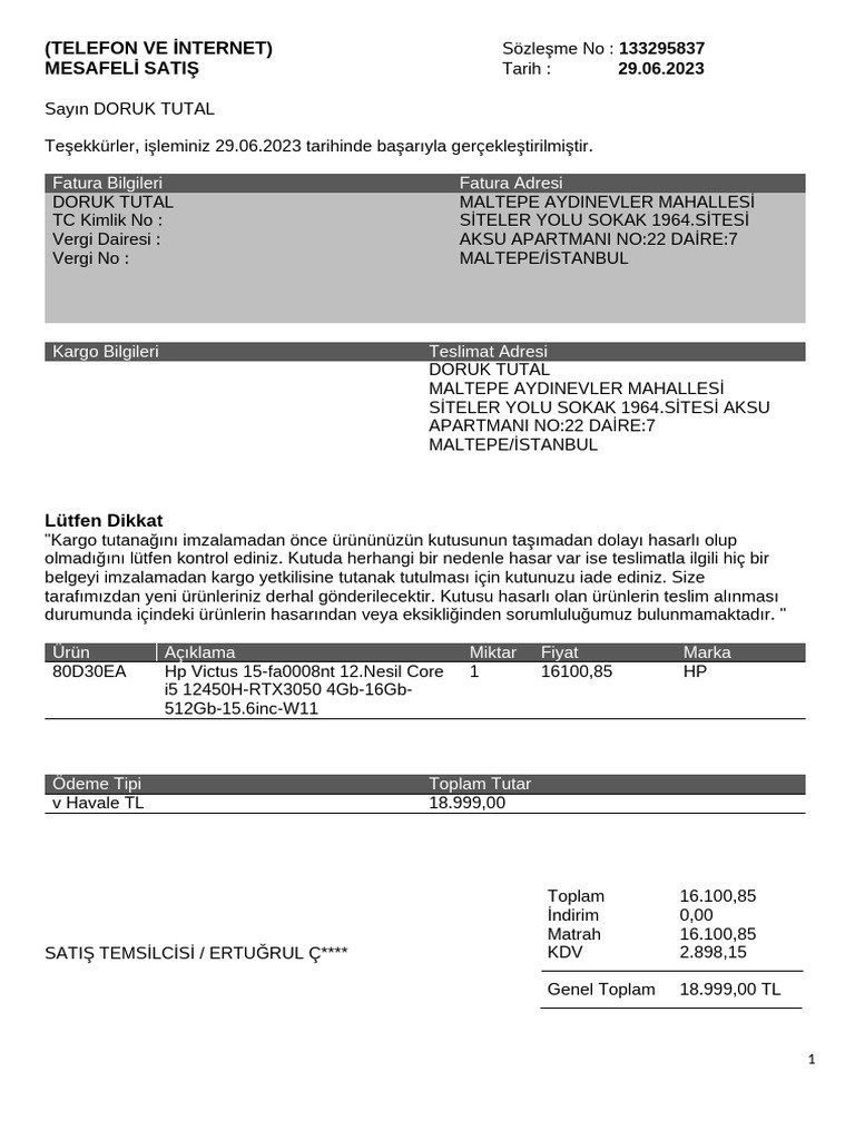 Ã N Bilgilendirme Ve Sat?? SÃ Zle?mesi | PDF