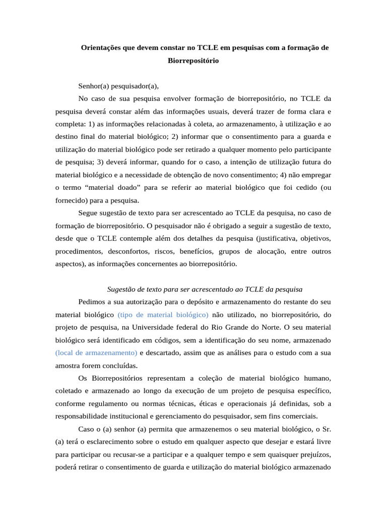 15 - MODELO 15 - Orientacoes TCLE Biorrepositrio CEP UFRN | PDF | Biologia