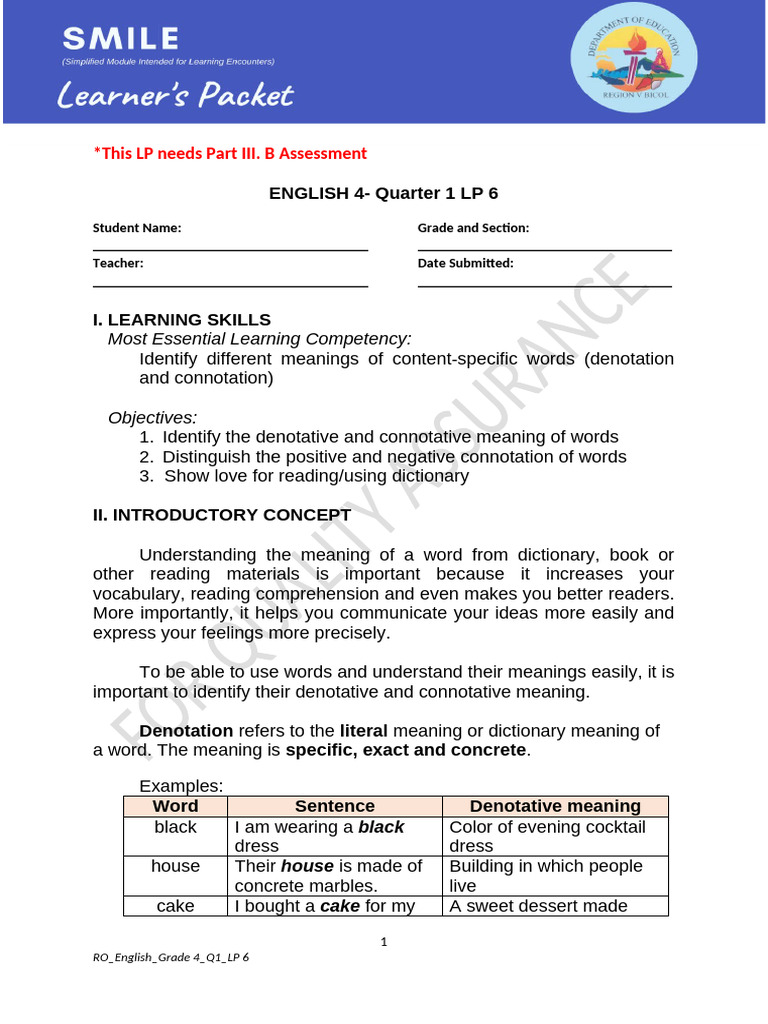 SMILE Packet English4 Q1 LP 6 | PDF