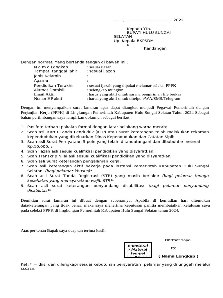 Surat Lamaran PPPK 2024 | PDF