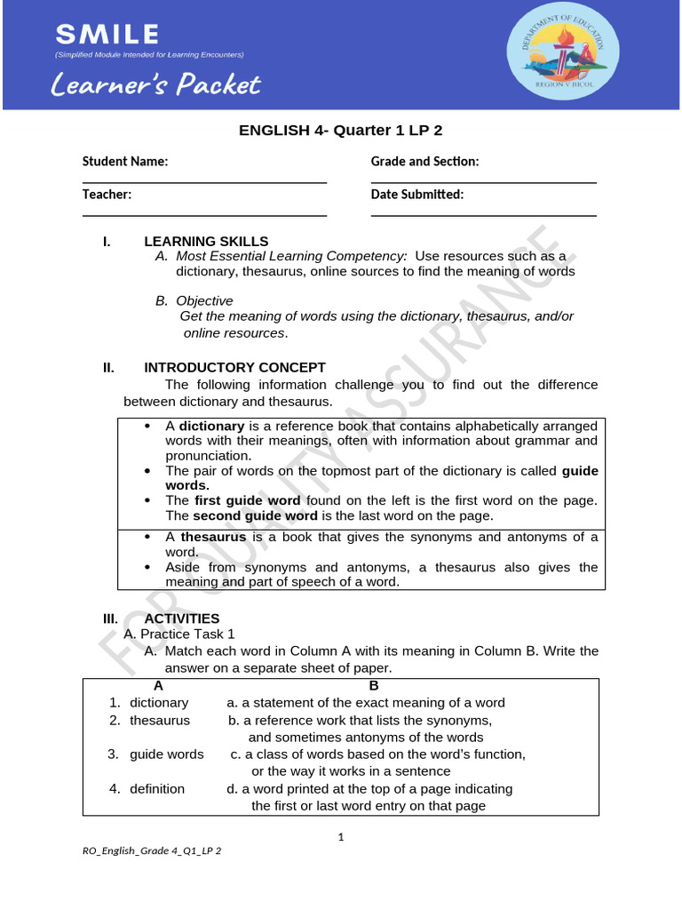 SMILE Packet English4 Q1 LP 2 | PDF | Lexicology | Linguistics