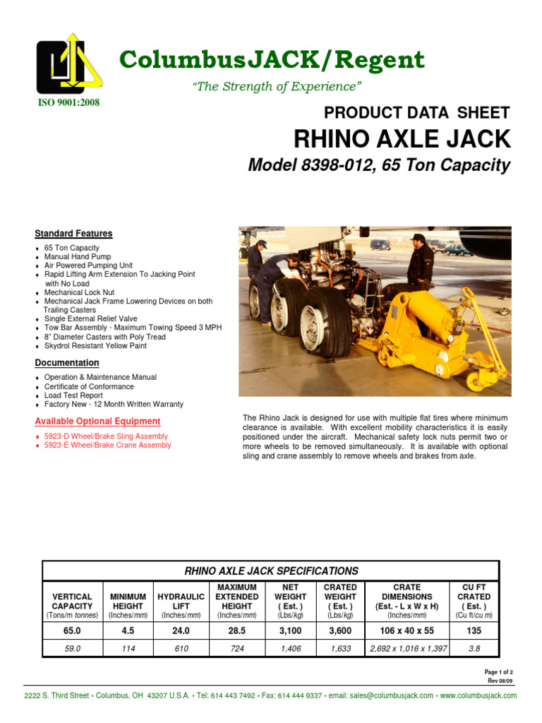 Rhino Axle Jack Specifications | PDF | Crane (Machine) | Vehicles