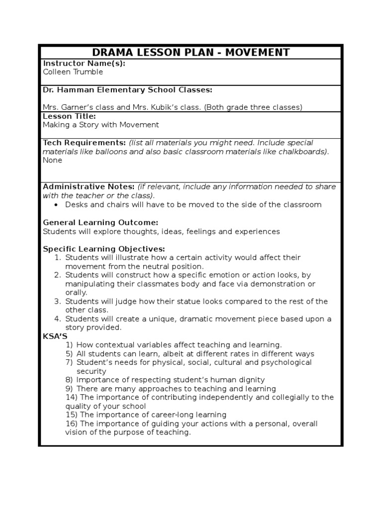 Drama Lesson Plan Movement Based, Grade 3/4 | PDF | Lesson Plan | Teachers