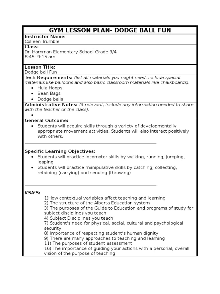 Gym Lesson Plan Dodge Ball, Grade 3/4 | PDF | Lesson Plan | Students