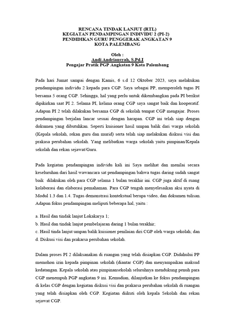 Laporan & RTL Pi 1 PGP A9 Kota Palembang | PDF