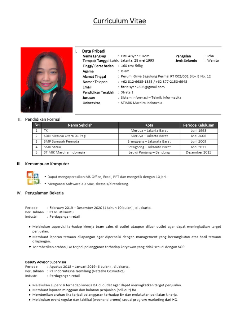 Curriculum Vitae Fitri Aisyah Terbaru | PDF