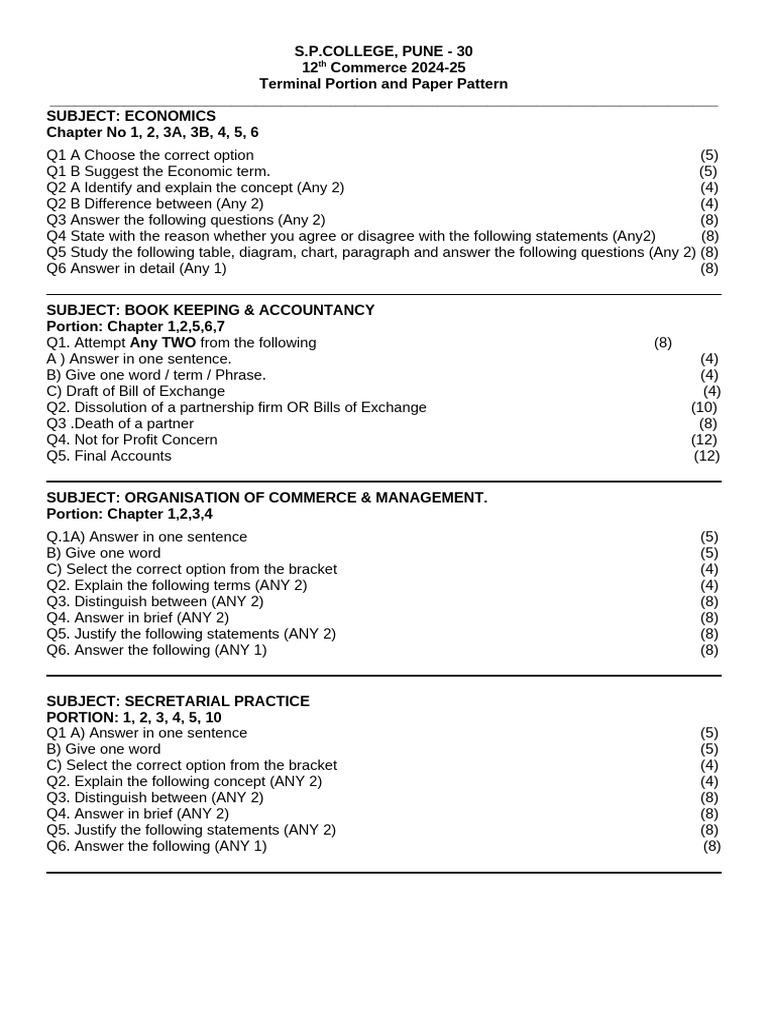 12 TH TERM Portion & Paper Pattern 24-25 | PDF