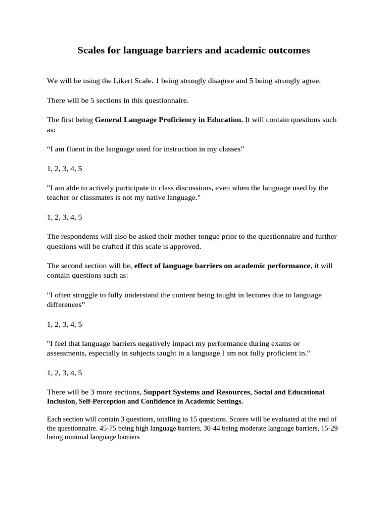 Scales For Language Barriers and Academic Outcomes | PDF