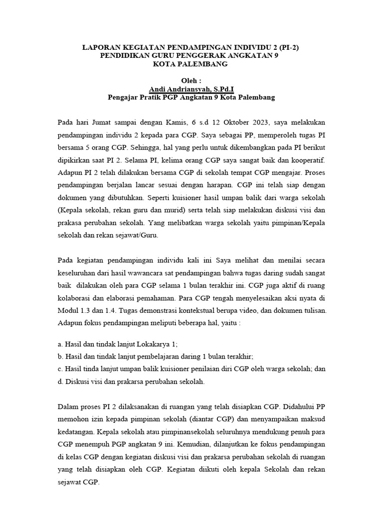 Laporan & RTL Pi 2 PGP A9 Kota Palembang | PDF