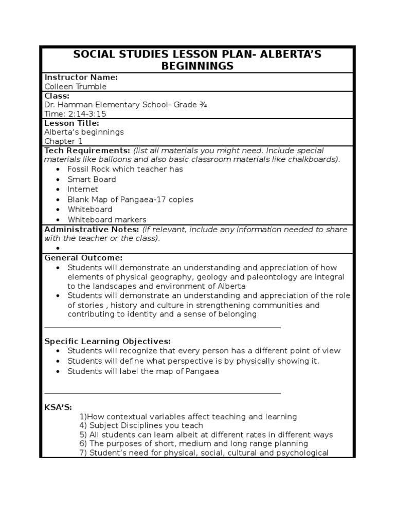 Alberta's Beginnings: Social Studies Plan | PDF | Teachers | Lesson Plan