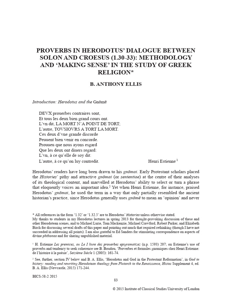 PROVERBS IN HERODOTUS' DIALOGUE BETWEEN SOLON AND CROESUS (1.30-33 ...