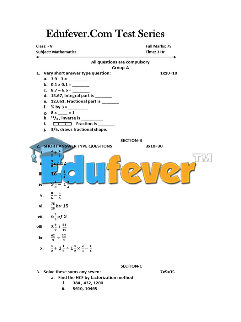 CBSE Class V Math Sample Paper | PDF