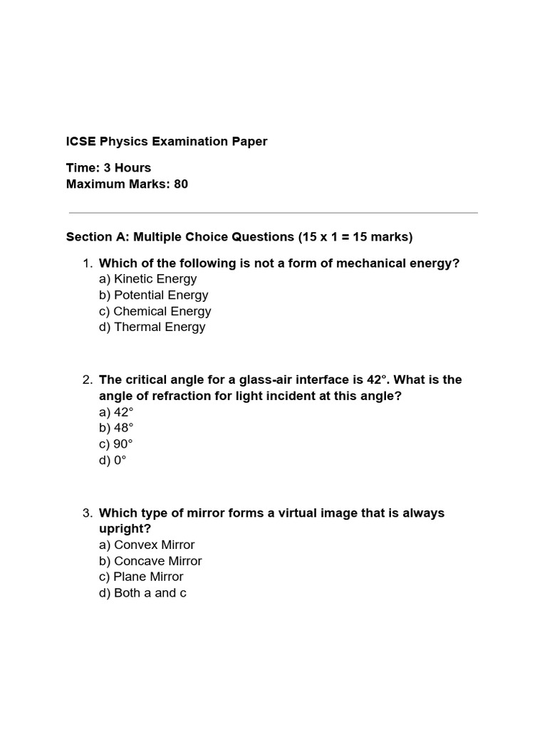 ICSE Physics Exam Paper | PDF | Refractive Index | Reflection (Physics)
