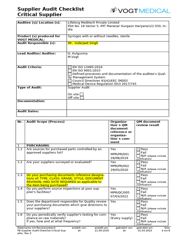 Supplier Audit Checklist ISO Compliance | PDF | Audit